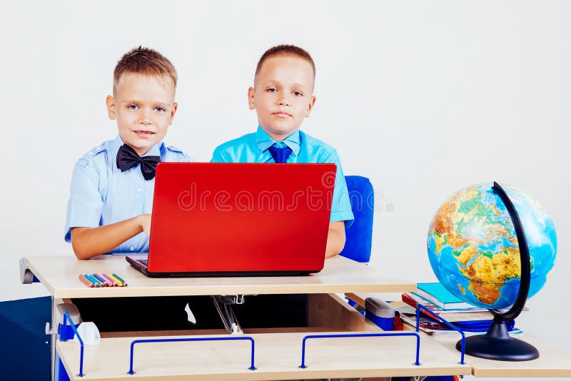 Two Boys School Computer Desk Globe Education Stock Image - Image of ...