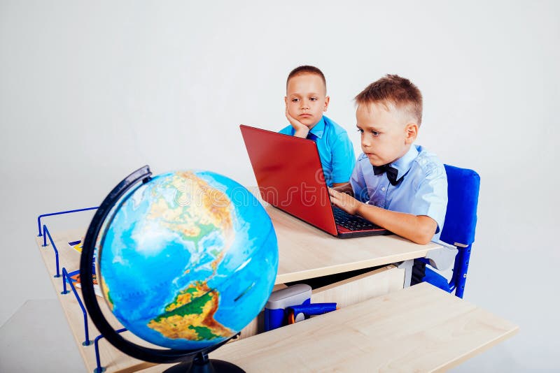 Two Boys School Computer Desk Globe Education Stock Photo - Image of ...