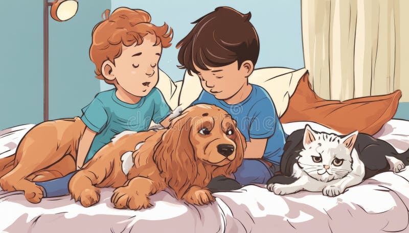Two Boys Sitting on a Bed with Two Dogs and a Cat Stock Illustration ...