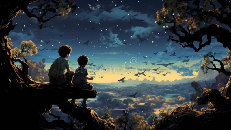 Two Boys Sitting on a Branch Looking at the Starry Sky Generated Using ...