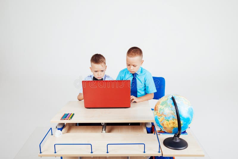 Two Boys Sitting at the Computer School Stock Image - Image of online ...