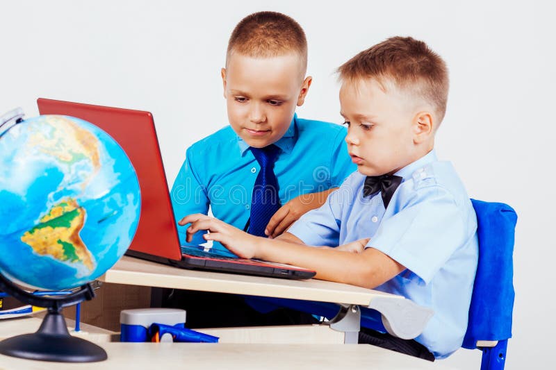 Two Boys Sitting at the Computer School Stock Photo - Image of brother ...