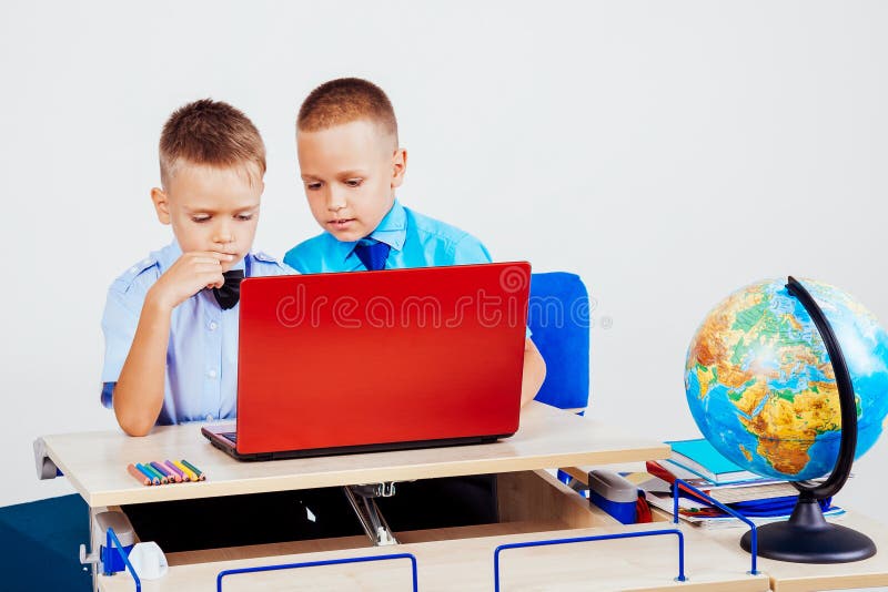 Two Boys Sitting at the Computer School Stock Photo - Image of brother ...