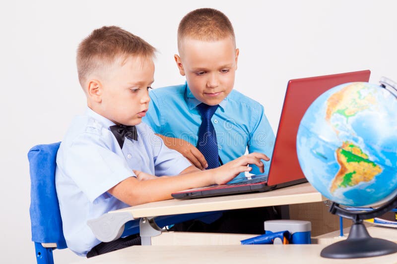 Two Boys Sitting at the Computer School Stock Image - Image of back ...