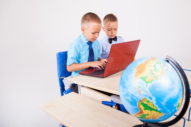 Two Boys Sitting at the Computer School Stock Image - Image of back ...