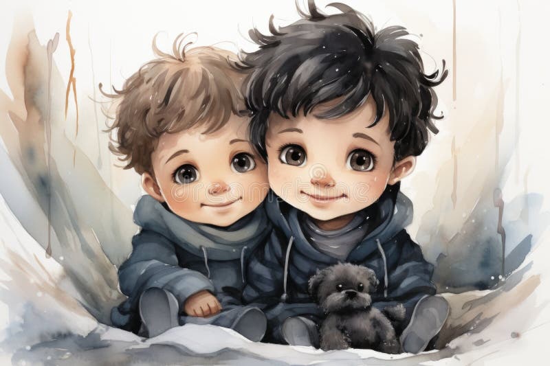 Two Boys Sitting on the Ground with Their Dog, AI Stock Illustration ...