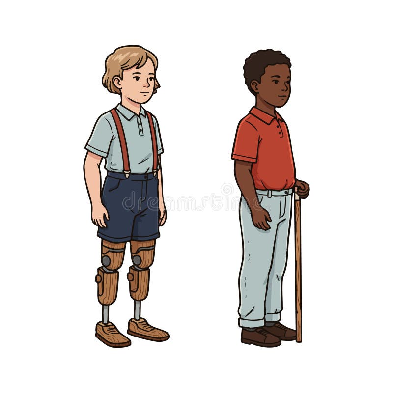 Boys with Prosthetic Legs and Walking Cane Standing Side by Side Vector ...