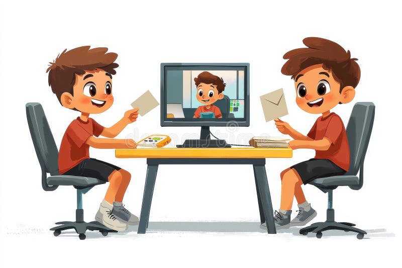 Two Boys Studying and Communicating Using a Computer at a Shared Desk ...