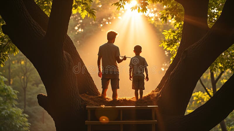 Two Boys on Tree Platform in Sunlight Stock Illustration - Illustration ...