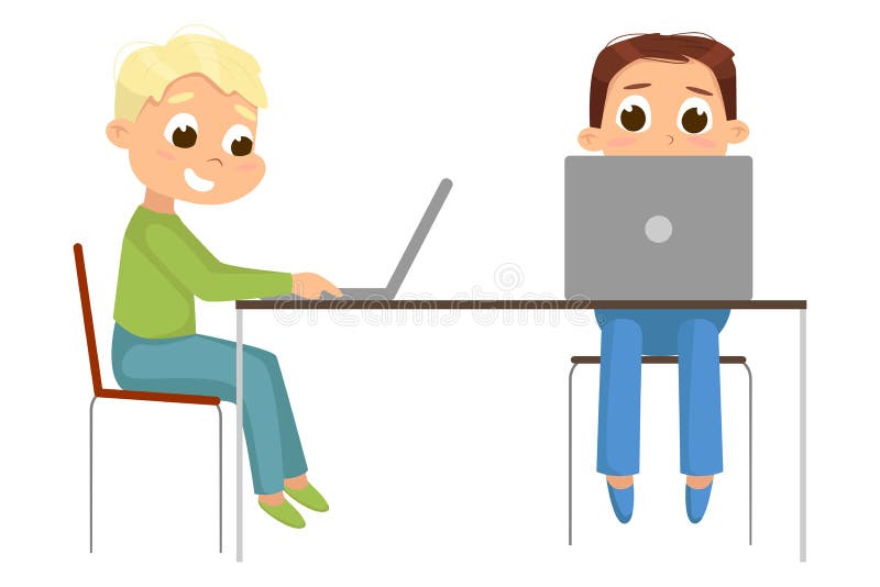 Two Boys Using Laptop Computer at Workplace, Online Education or ...