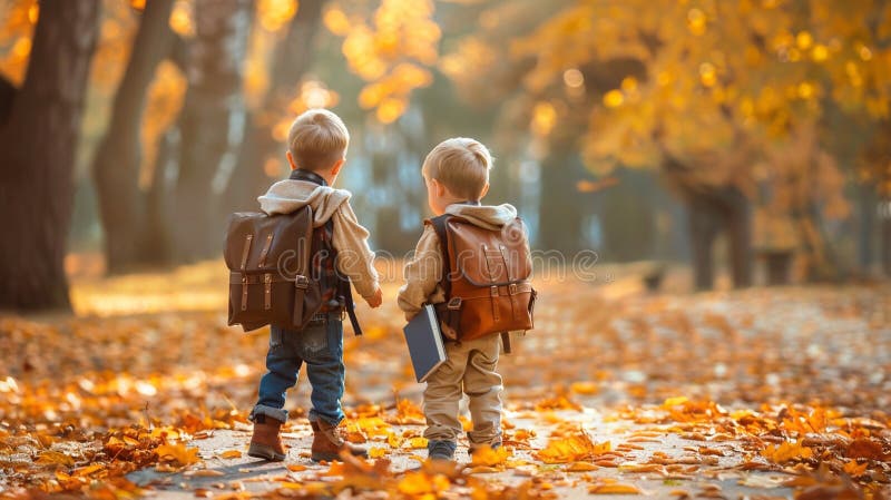 Two Boys Walk from School through an Autumn Park Stock Photo - Image of ...