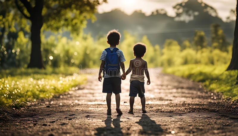 Two Boys Walking Down a Path in the Country Stock Illustration ...