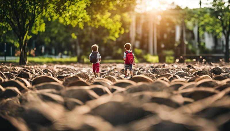 Two Boys Walking on a Path of Rocks Stock Illustration - Illustration ...