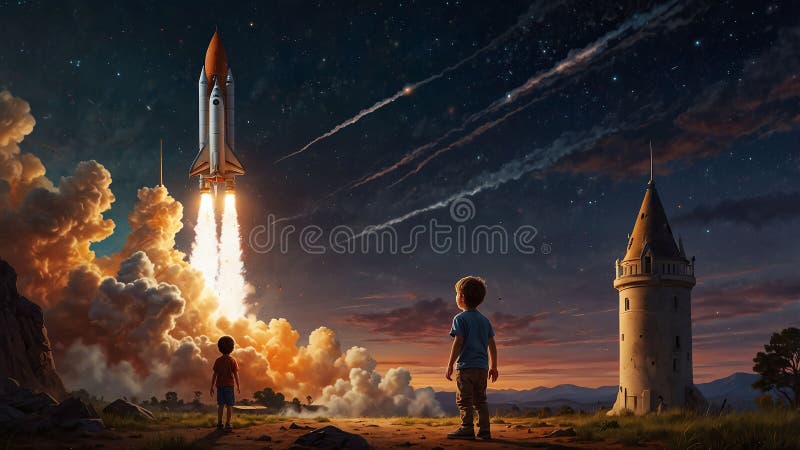 Two Boys Watching Rocket Launch Near Tower at Night, Dreaming of Space ...