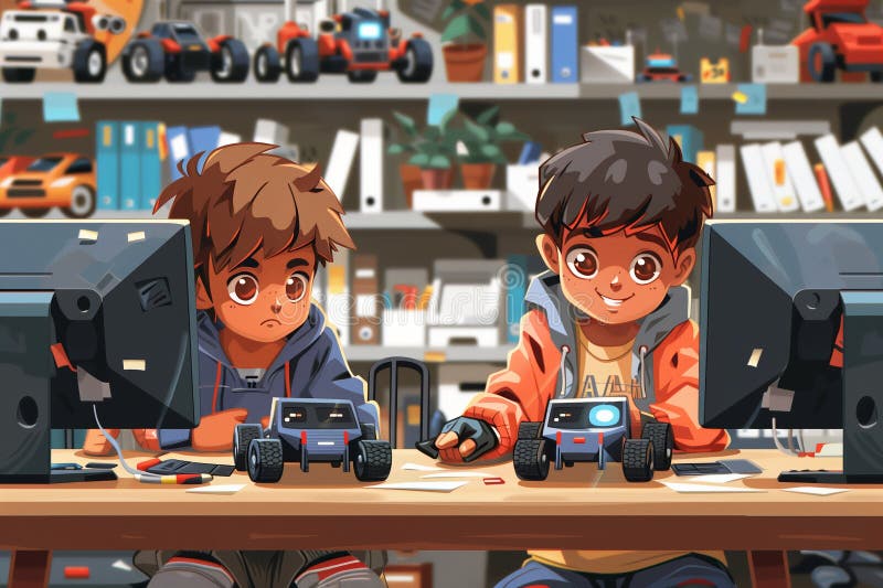 Two Boys Working on Remote Control Cars in a Workshop Stock Photo ...