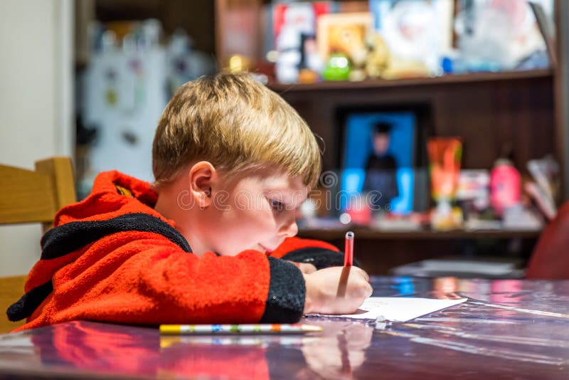 Two Boys Writing Letter To Santa Claus at Table Stock Photo - Image of ...