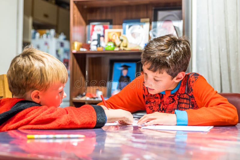 Two Boys Writing Letter To Santa Claus at Table Stock Image - Image of ...