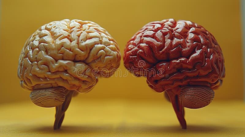 Two Brain Models on a Yellow Background with One Red and the Other Blue ...
