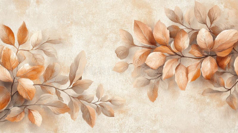 Two Branches of Tan and Beige Watercolor Leaves on a Textured Cream ...