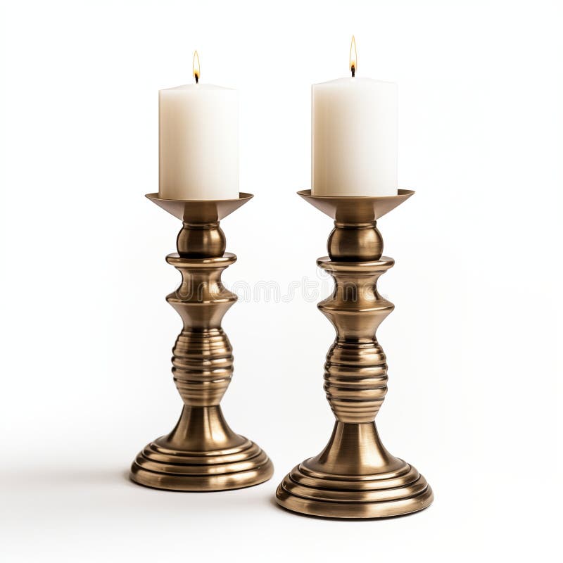 Two Brass Candlesticks with Lit Candles on a White Background Stock ...