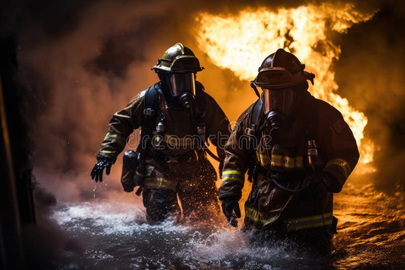 Two Brave Firefighters Wade through Water, Facing a Raging Fire with ...