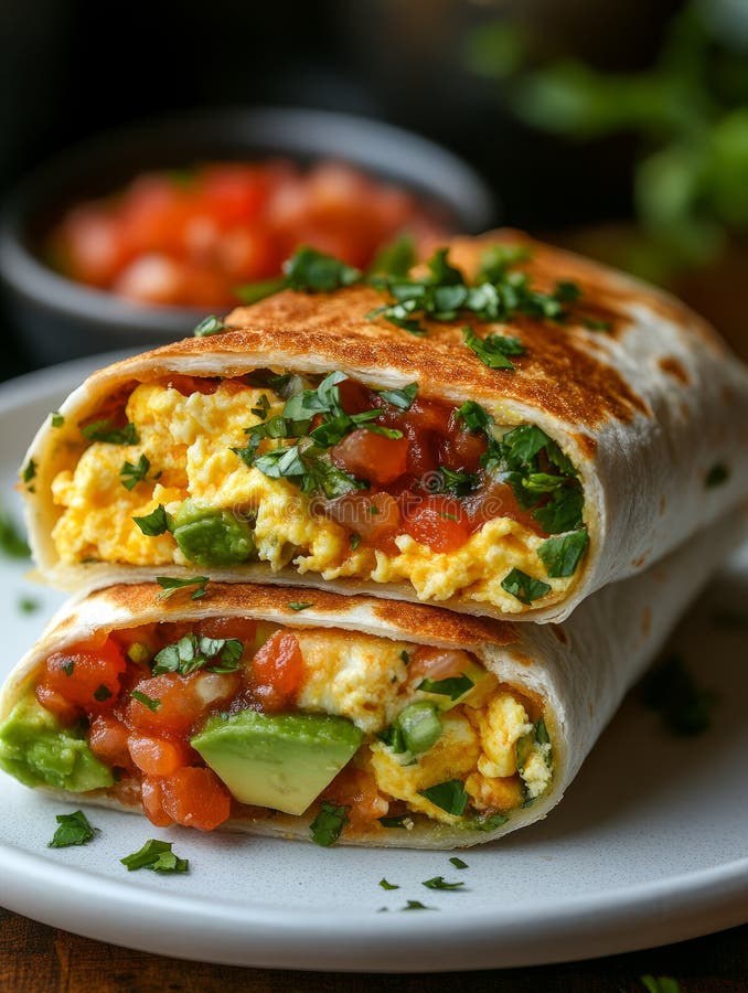 Two Breakfast Burritos Filled with Scrambled Eggs, Avocado, and Salsa ...