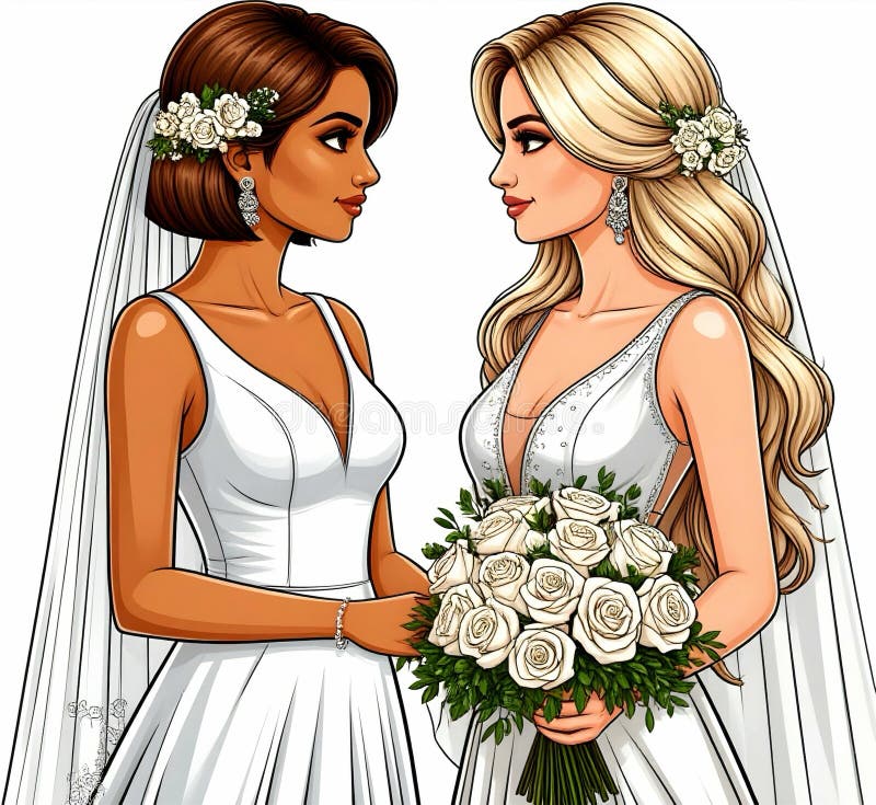 Two Brides Holding Hands in Elegant Wedding Dresses Stock Illustration - Illustration of drawing ...
