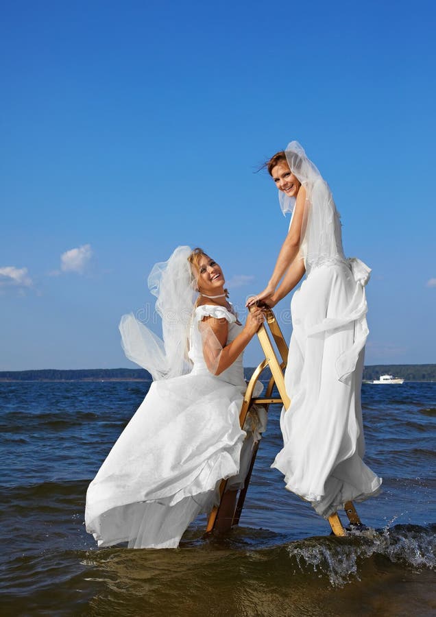 Two brides on stepladder stock image. Image of girl, bridal - 19281291