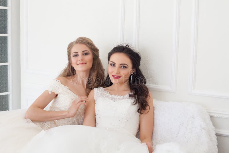 Two Brides on Wedding Wedding Blonde Brunette Girlfriend Stock Photo ...