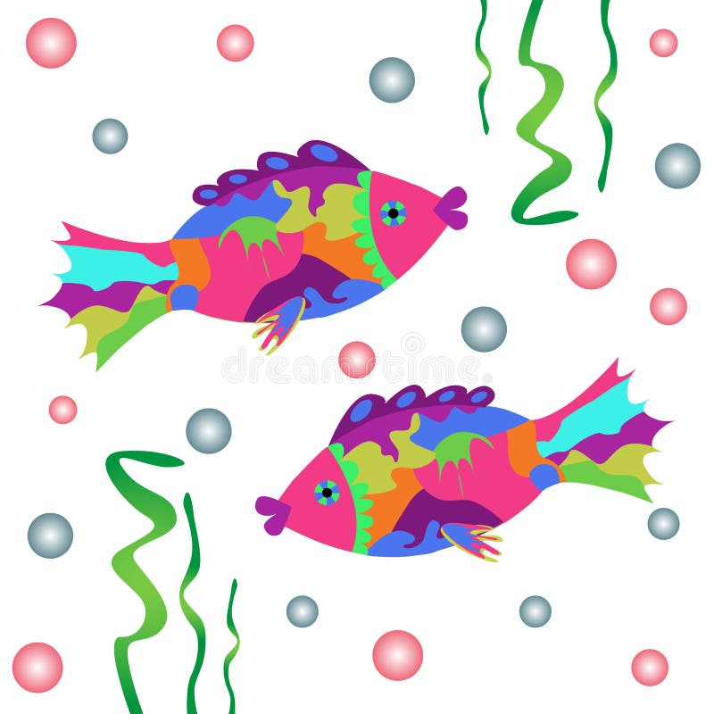 Two Bright Abstract Fish with Bubbles and Algae Stock Vector ...