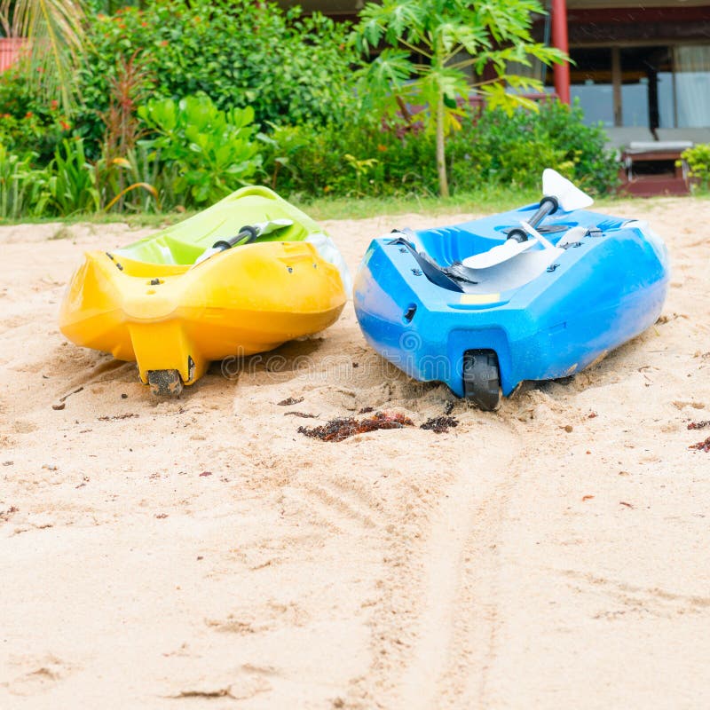Two Bright Empty Canoe at Sand Beach Stock Photo - Image of resort ...