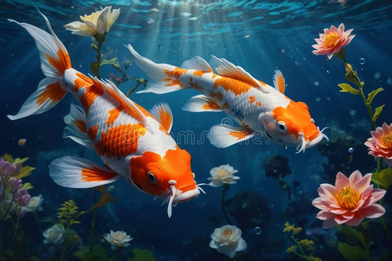Two Bright Koi Carp Swim among Flowers Under the Rays of the Sun, Asian ...