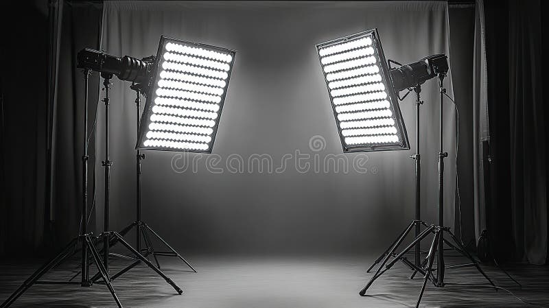 Two Bright LED Lights Illuminate a Dark Studio Backdrop, Ready for a ...