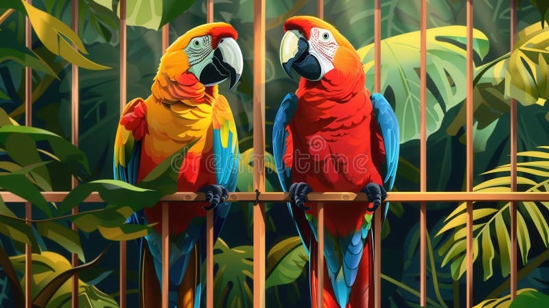 Two Bright Parrots Interact within a Stunning Cage Surrounded by ... Two Bright Parrots Interact within a Stunning Cage Surrounded by ...
