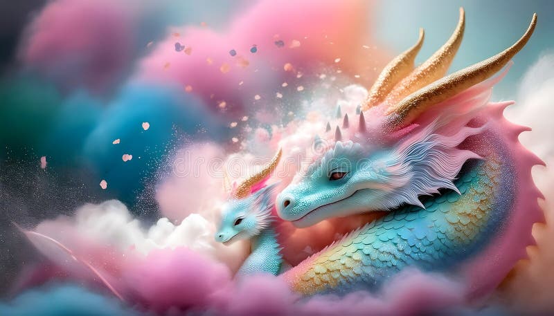 Two Bright and Pastel Colored Dragons. these Dragons are Surrounded by ...