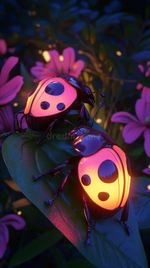 Two Brightly Colored Beetles Emit a Gentle Glow on a Green Leaf ...