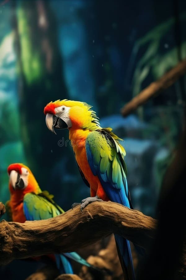 Two Brightly Colored Parrots Perched Atop a Lush Green Tree, AI ...