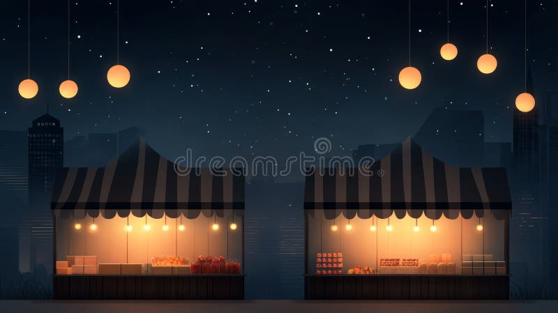 Two Brightly Lit Storefronts with Striped Awnings Stand Open Late at ...