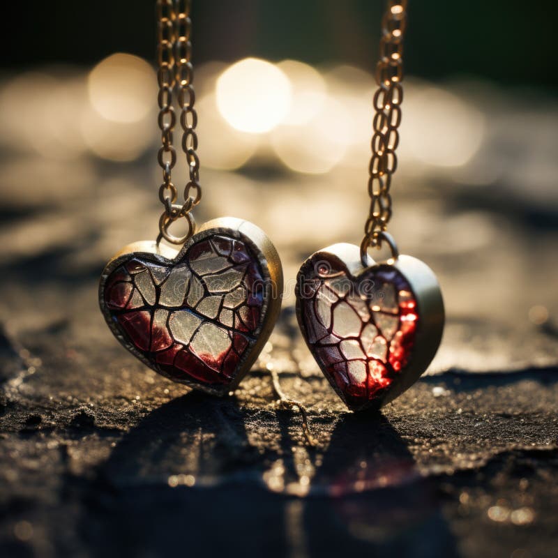 Two Broken Heart Pendants on a Wooden Surface, AI Stock Image - Image ...
