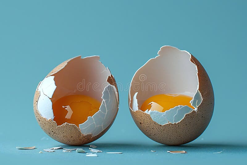 Two Broken White Eggshells in Half on a Blue Background, Minimal ...