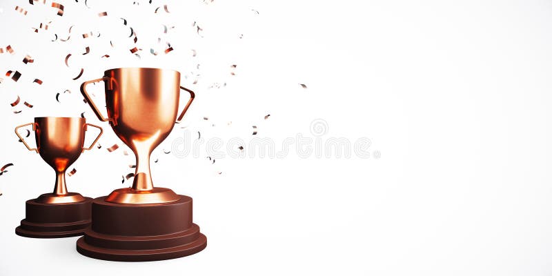 Two Bronze Trophies with Confetti on White Background. 3D Rendering ...