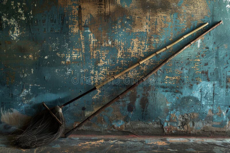 Two Brooms Resting Against a Wall, Suitable for Household or Cleaning ...