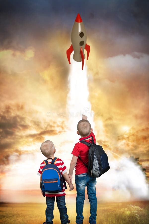 Boy Play With Rocket, Cosmonaut Sit In Usa Rocket Made Out Of Cardboard ...