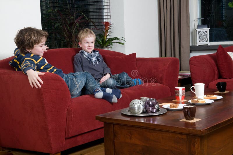 Two brothers on the couch stock photo. Image of childhood - 18271012
