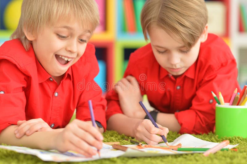 Two Brothers Draws with Pencils Stock Image - Image of cute, cheerful ...