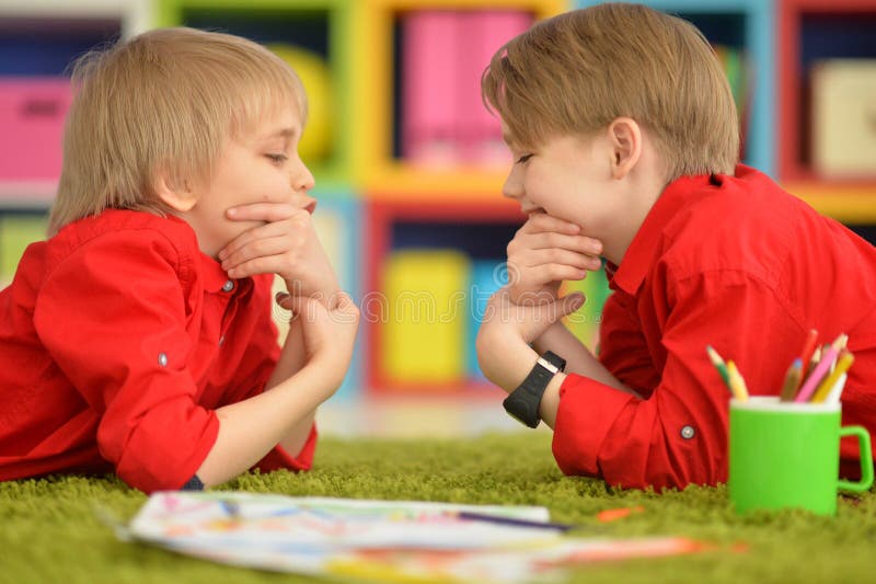 Two Brothers Draws with Pencils Stock Photo - Image of drawing, people ...