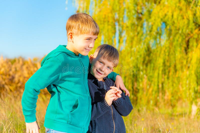 Two Brothers are Embracing in Nature in the Park Stock Photo - Image of ...