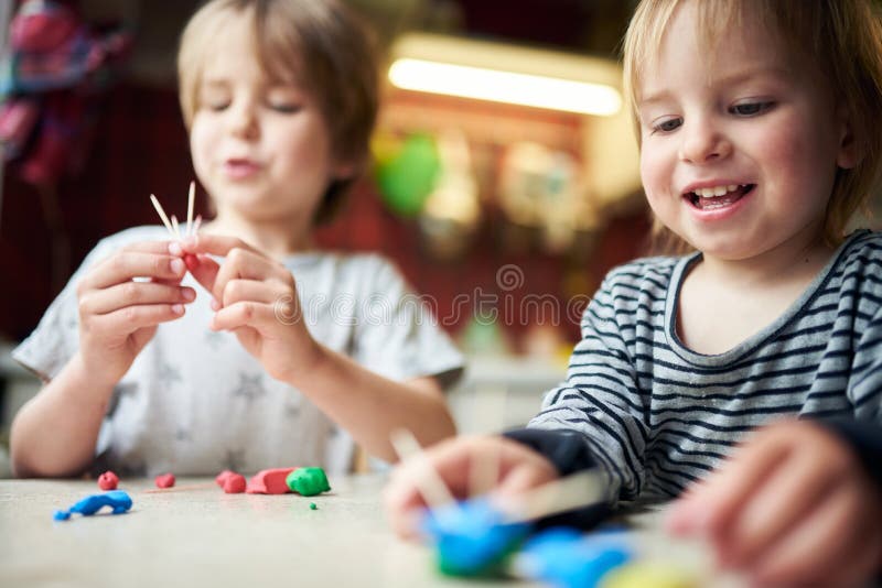 Two Brothers Make Three-dimensional Figures of Plasticine and Sticks ...