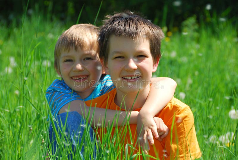 Two brothers in meadow stock image. Image of embrace, portrait - 5228631
