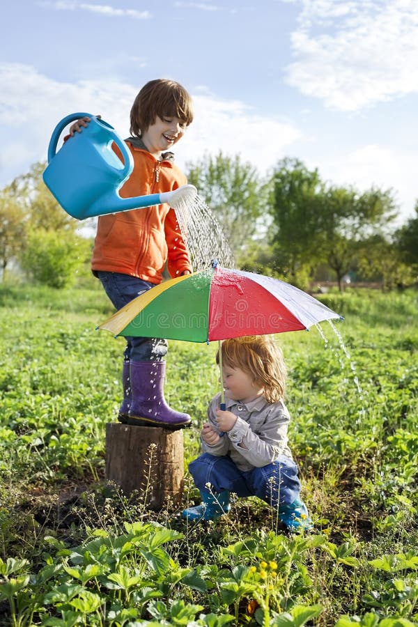 Two brothers play in rain stock photo. Image of children - 55451596